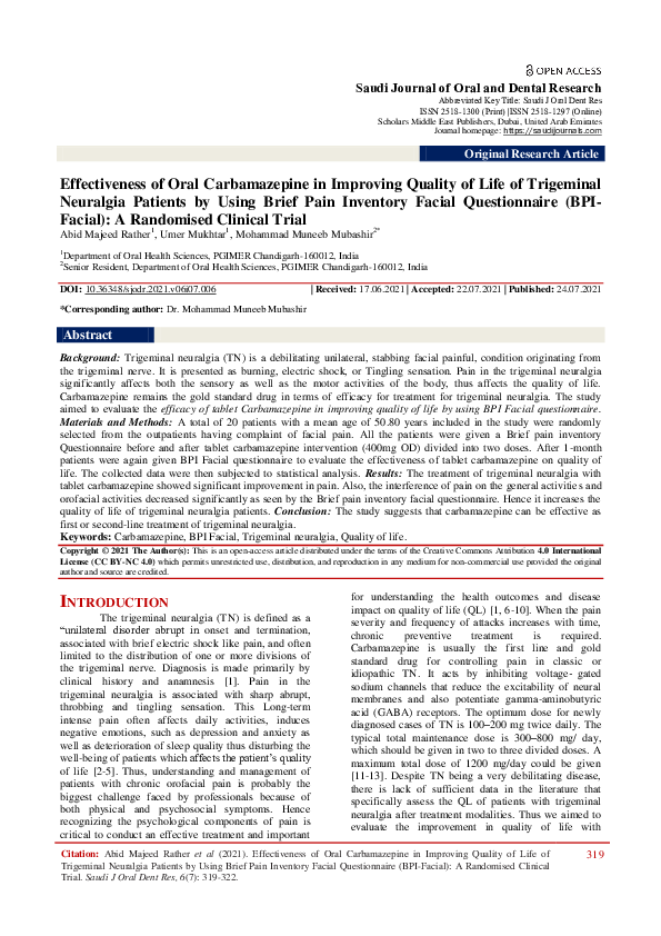 (PDF) Effectiveness of Oral Carbamazepine in Improving Quality of Life ...