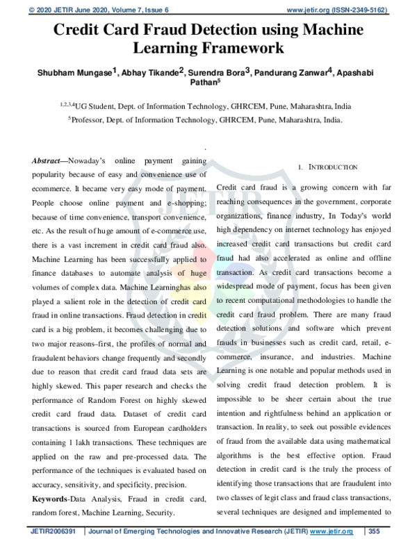 (PDF) Credit Card Fraud Detection using Machine Learning Framework