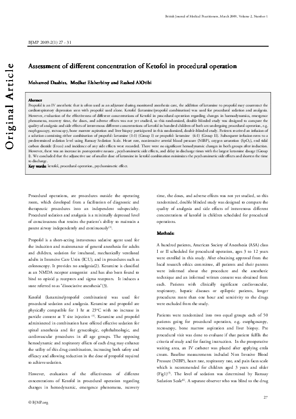 (PDF) Assessment of different concentration of ketofol in procedural ...