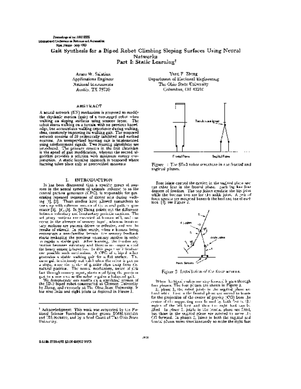 (PDF) Gait synthesis for a biped robot climbing sloping surfaces using neural networks. I ...