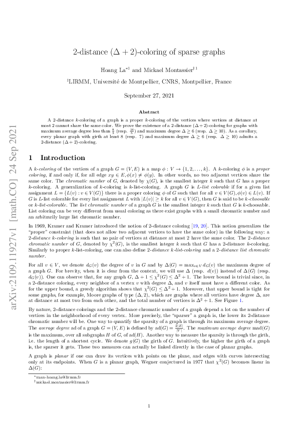 (PDF) $2$-distance $(\Delta+2)$-coloring of sparse graphs