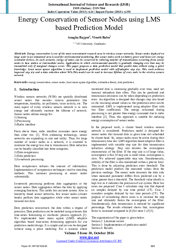 (PDF) Energy Conservation of Sensor Nodes using LMS based Prediction Model