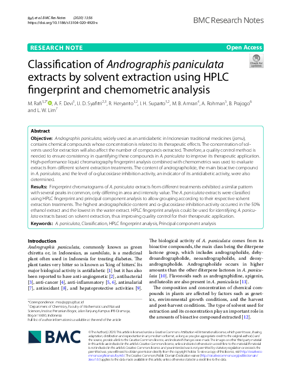 Pdf Classification Of Andrographis Paniculata Extracts By Solvent Extraction Using Hplc