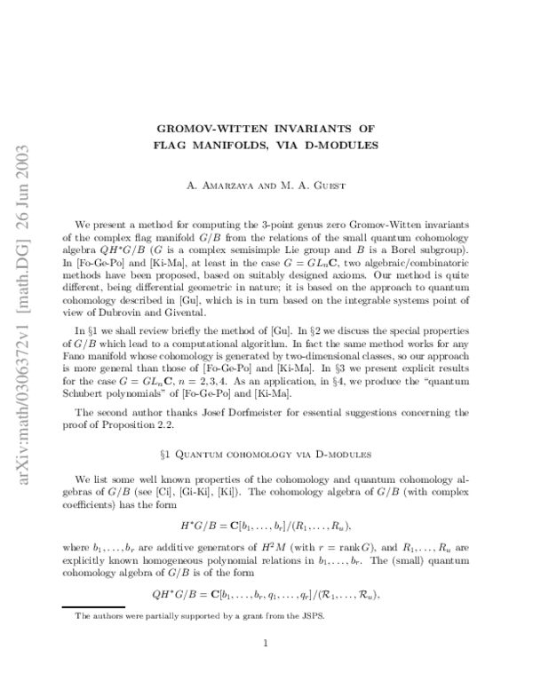 (PDF) Gromov-Witten invariants of flag manifolds