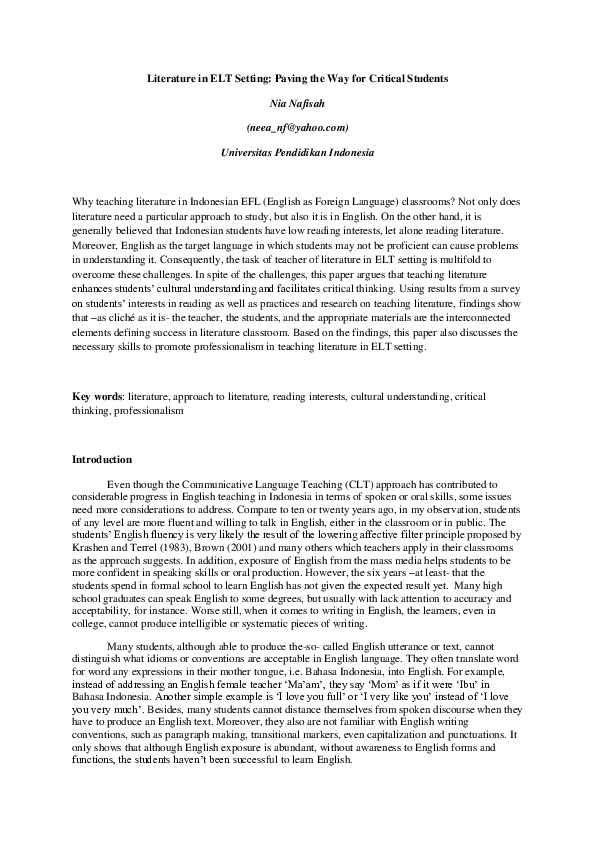 (PDF) Literature in ELT Setting : Paving the Way for Critical Students
