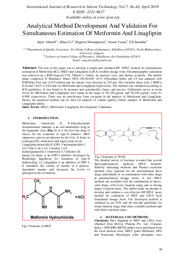 Pdf Analytical Method Development And Validation For Simultaneous Estimation Of Metformin And
