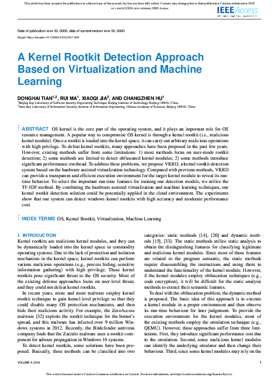Pdf A Kernel Rootkit Detection Approach Based On Virtualization And Machine Learning
