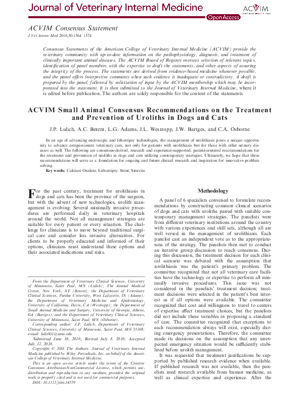 (PDF) ACVIM Small Animal Consensus Recommendations on the Treatment and Prevention of Uroliths ...
