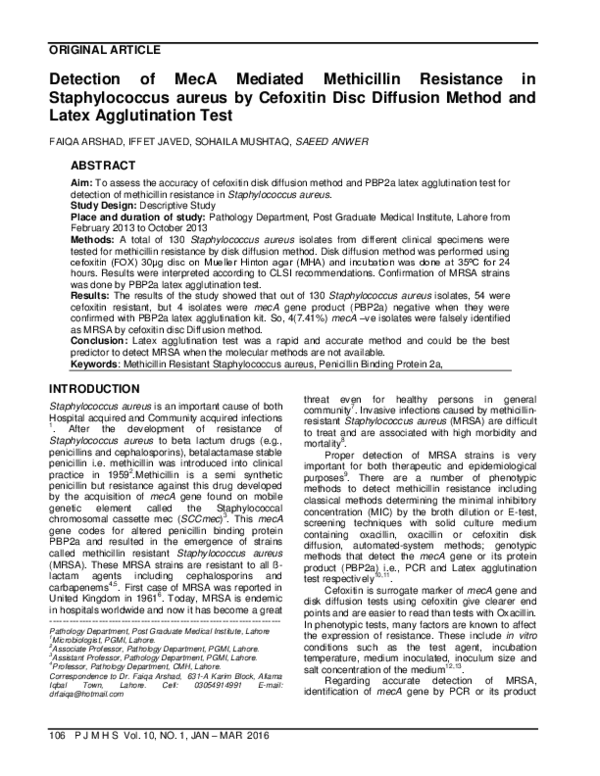 (PDF) Detection of MecA Mediated Methicillin Resistance in Staphylococcus aureus by Cefoxitin ...