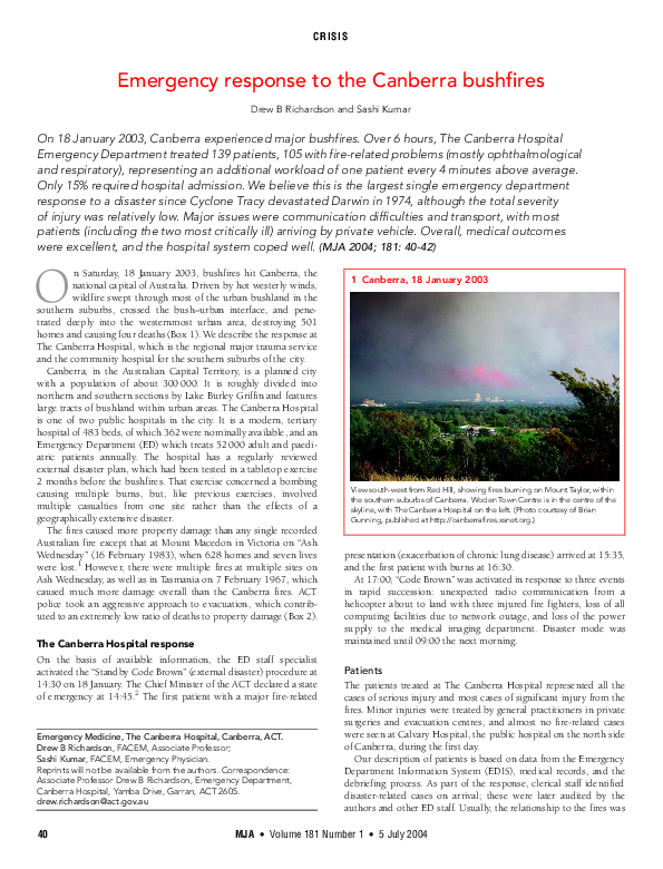 (PDF) Emergency response to the Canberra bushfires
