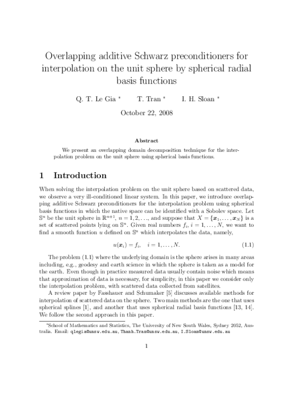 Pdf Overlapping Additive Schwarz Preconditioners For Interpolation On The Unit Sphere By