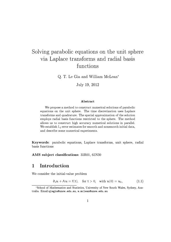 (PDF) Solving parabolic equations on the unit sphere via Laplace transforms and radial basis ...
