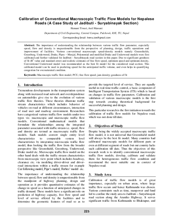 (PDF) Calibration of Conventional Macroscopic Traffic Flow Models for Nepalese Roads (A Case ...