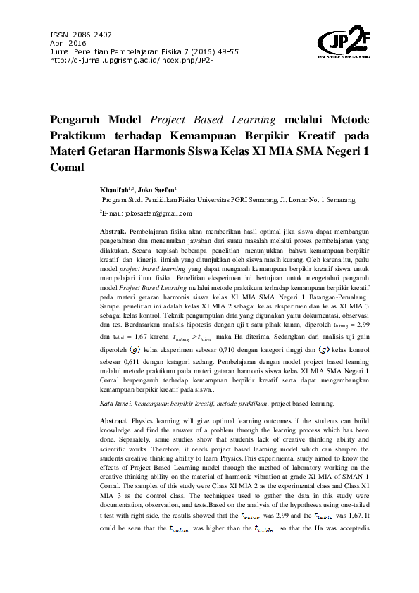 (PDF) Pengaruh Model Project Based Learning melalui Metode Praktikum terhadap Kemampuan Berpikir ...