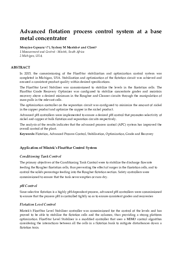 (PDF) Advanced flotation process control system at a base metal ...