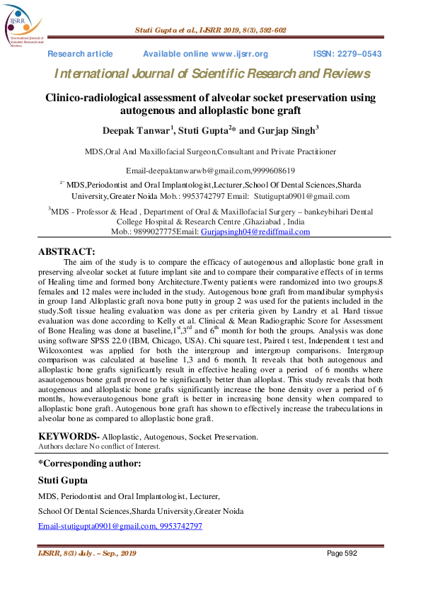 (PDF) Clinico-radiological assessment of alveolar socket preservation using autogenous and ...