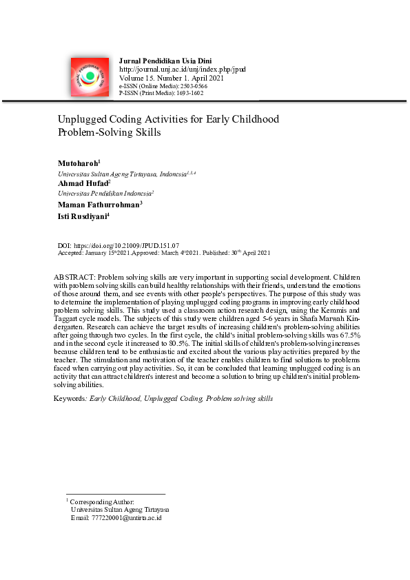 (PDF) Unplugged Coding Activities for Early Childhood Problem-Solving ...