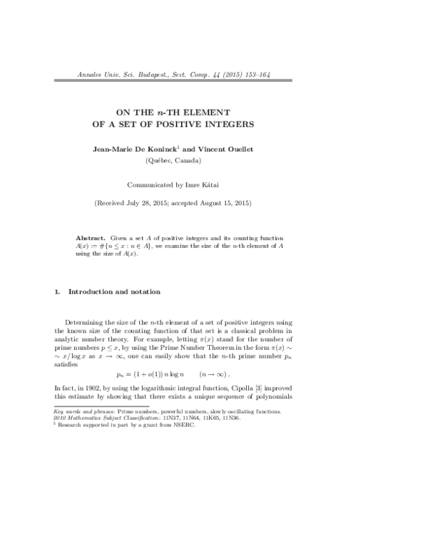 (PDF) ON THE n-TH ELEMENT OF A SET OF POSITIVE INTEGERS