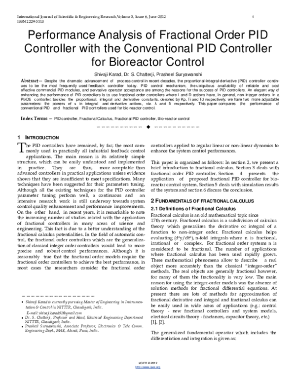Pdf Performance Analysis Of Fractional Order Pid Controller With The Conventional Pid