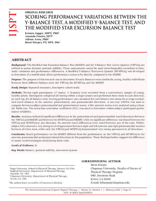 (PDF) Scoring Performance Variations Between the Y-Balance Test, a ...