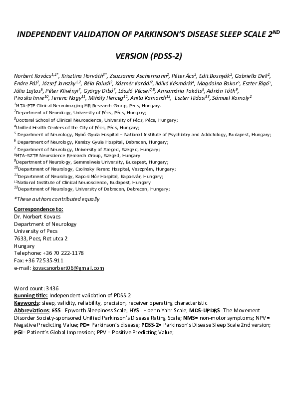 (PDF) Independent validation of Parkinson’s disease Sleep Scale 2nd ...