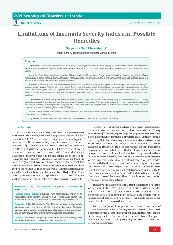 (PDF) Limitations of Insomnia Severity Index and Possible Remedies
