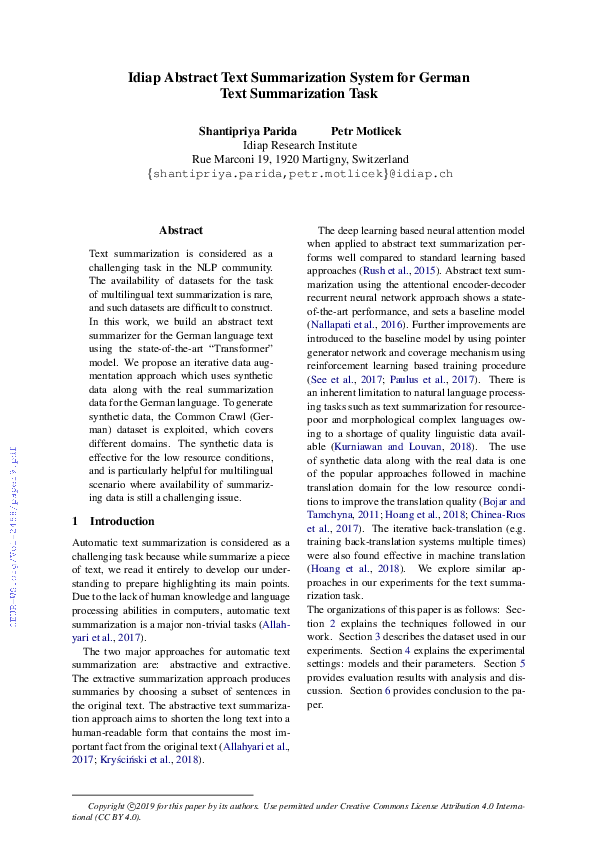 Pdf Idiap Abstract Text Summarization System For German Text