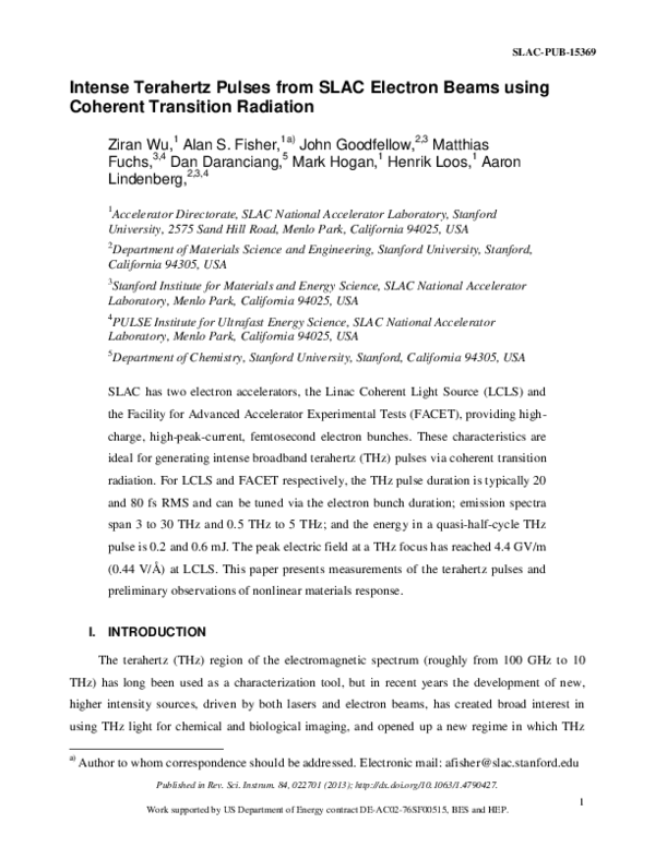 (PDF) Intense terahertz pulses from SLAC electron beams using coherent ...