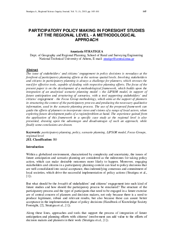 (PDF) Participatory Policy Making in Foresight Studies at the Regional ...