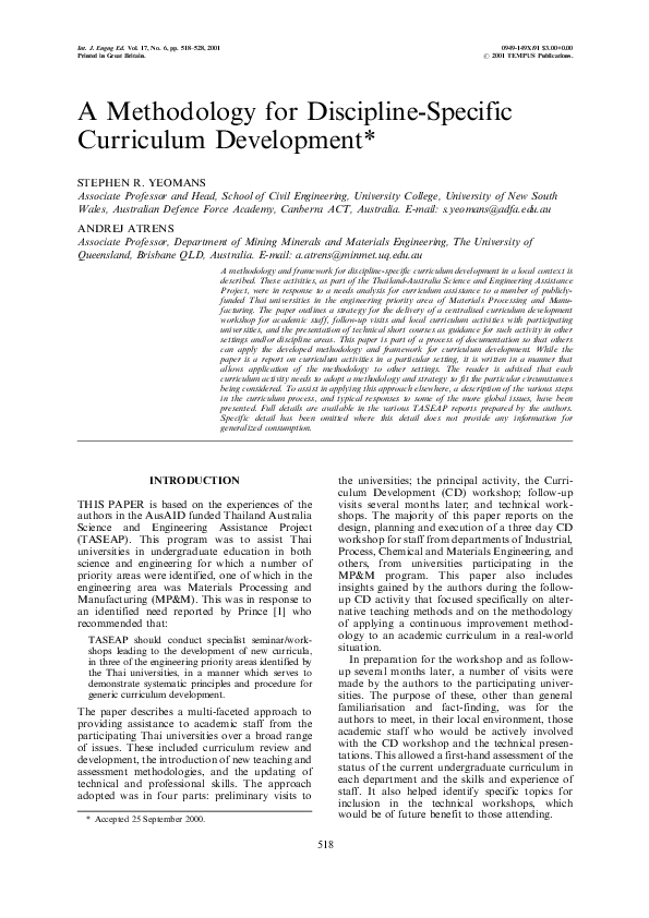 (PDF) A Methodology for Discipline-Specific Curriculum Development*