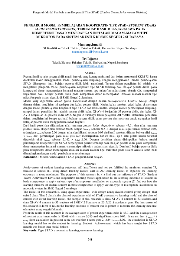 (PDF) Pengaruh Model Pembelajaran Kooperatif Tipe Student Team Achievement Division (Stad ...