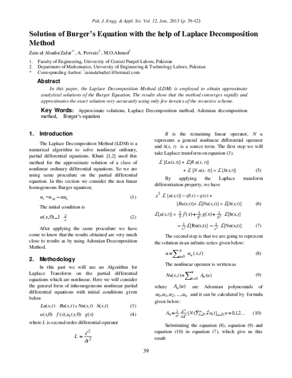 (PDF) Solution of Burger's Equation with the help of Laplace Decomposition Method