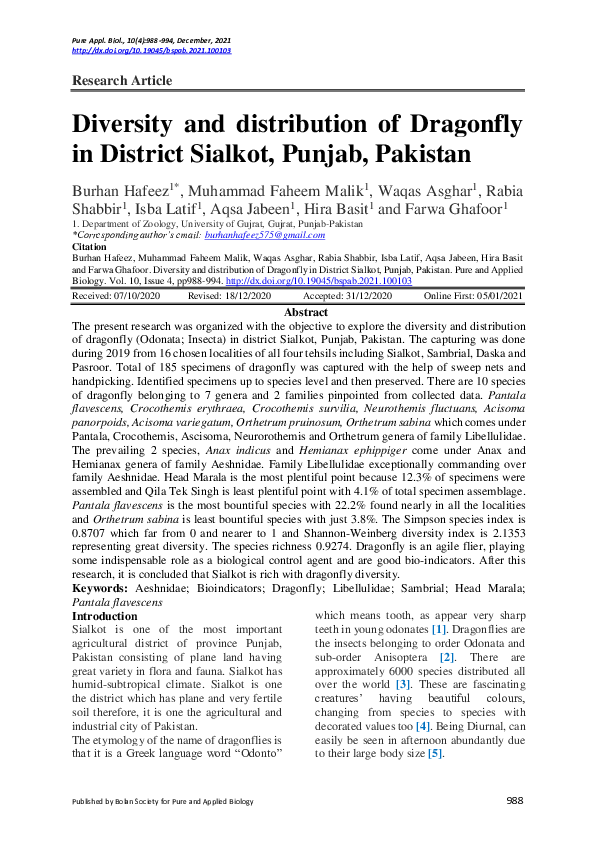 (PDF) Diversity and distribution of Dragonfly in District Sialkot ...