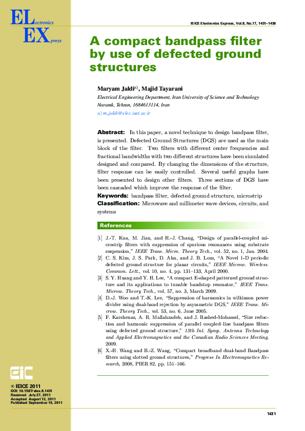 Pdf A Compact Bandpass Filter By Use Of Defected Ground Structures