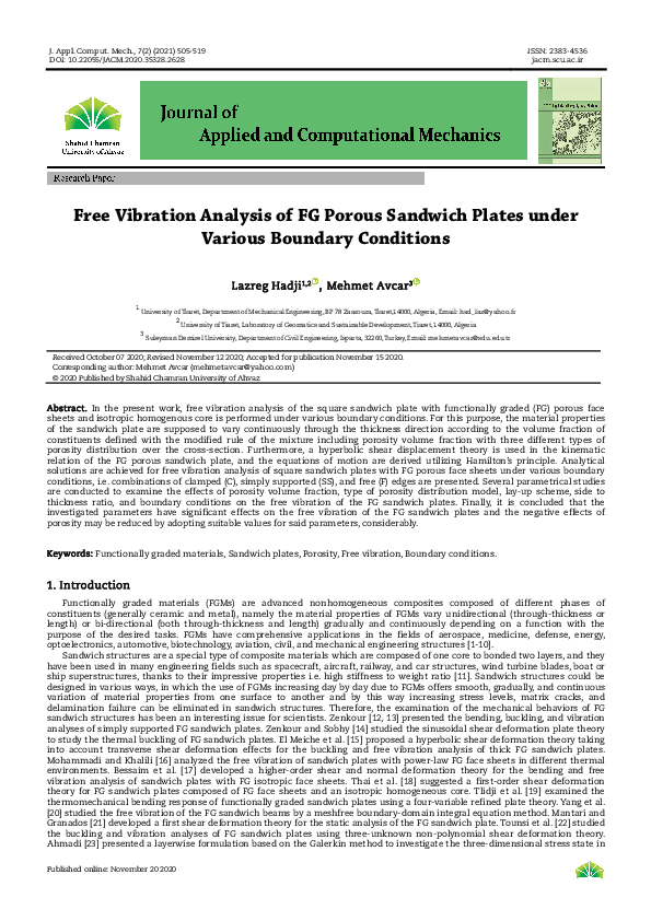 Pdf Free Vibration Analysis Of Fg Porous Sandwich Plates Under Various Boundary Conditions