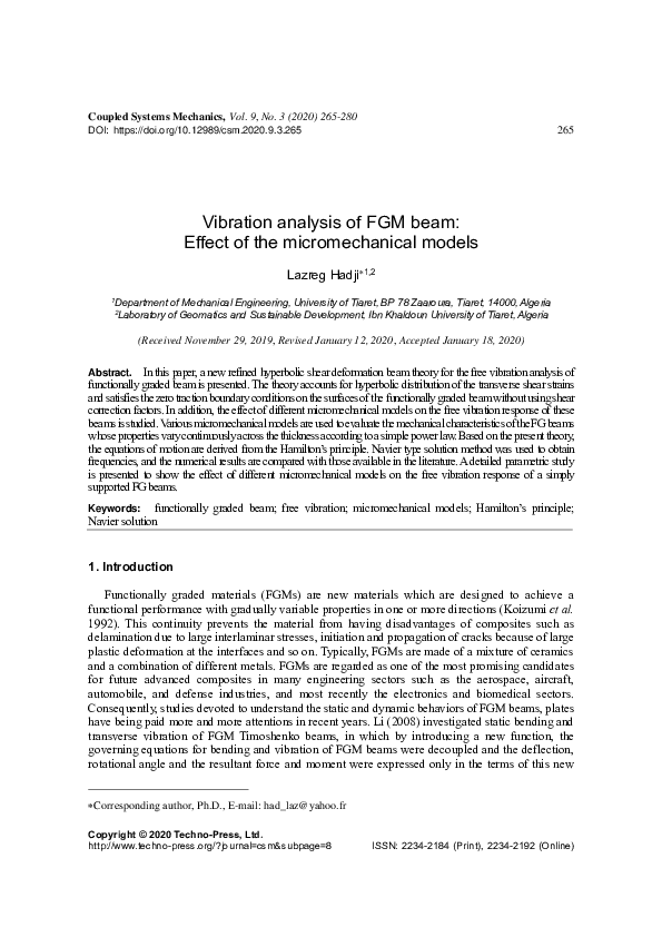 (PDF) Vibration analysis of FGM beam: Effect of the micromechanical models