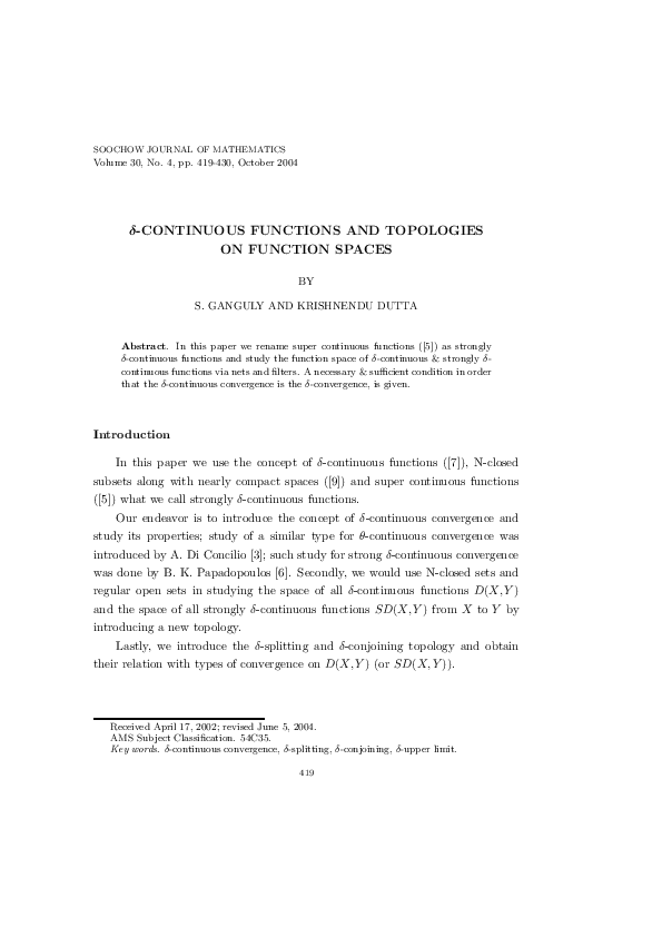 (PDF) Δ-Continuous Functions and Topologies on Function Spaces by S. Ganguly and Krishnendu Dutta