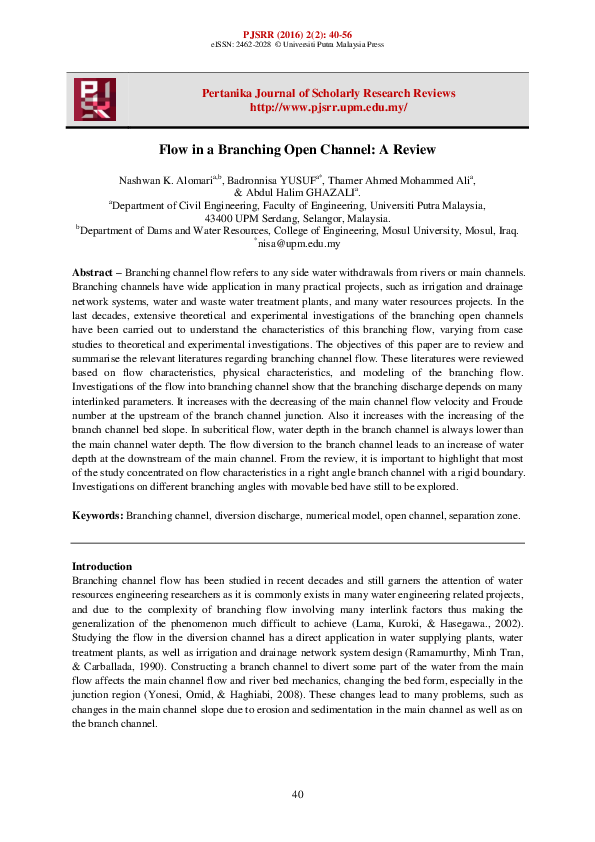 (PDF) Flow in a branching open channel: a review
