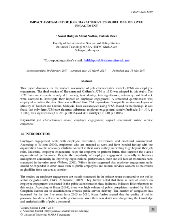 (PDF) Impact Assessment of Job Characteristics Model on Employee Engagement