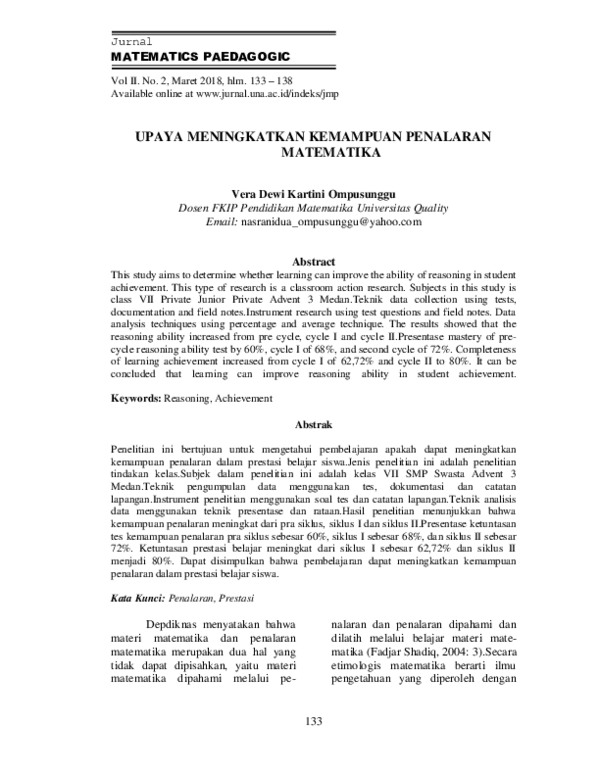 (PDF) Upaya Meningkatkan Kemampuan Penalaran Matematis Siswa Kelas VIII SMPN 23 Medan Melalui ...