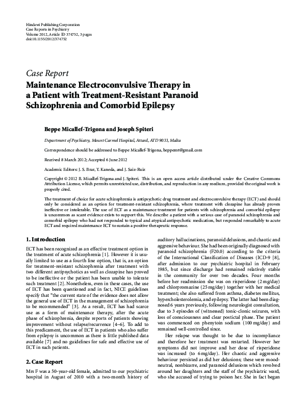 (PDF) Maintenance ECT for Treatment-Resistant Paranoid