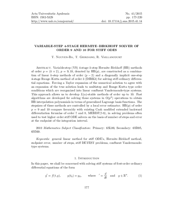 (PDF) Variable Step 4 Stage Hermite Birkhoff Solver of Order 9 and 10 for Stiff Odes | Thierry ...