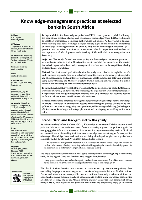 (PDF) Knowledge management practices at selected banks in South Africa