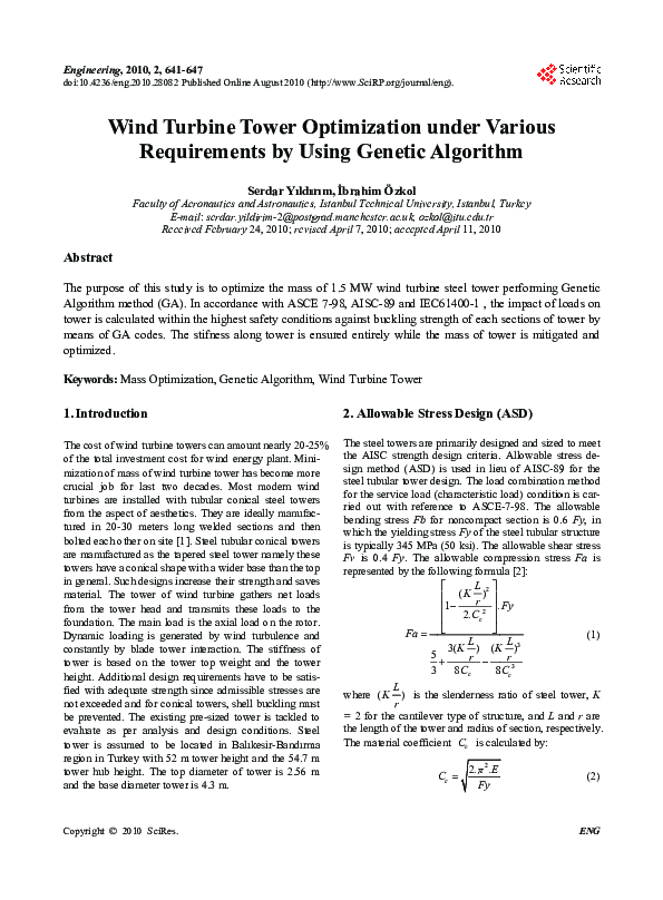 (PDF) Wind Turbine Tower Optimization under Various Requirements by Using Genetic Algorithm Open ...