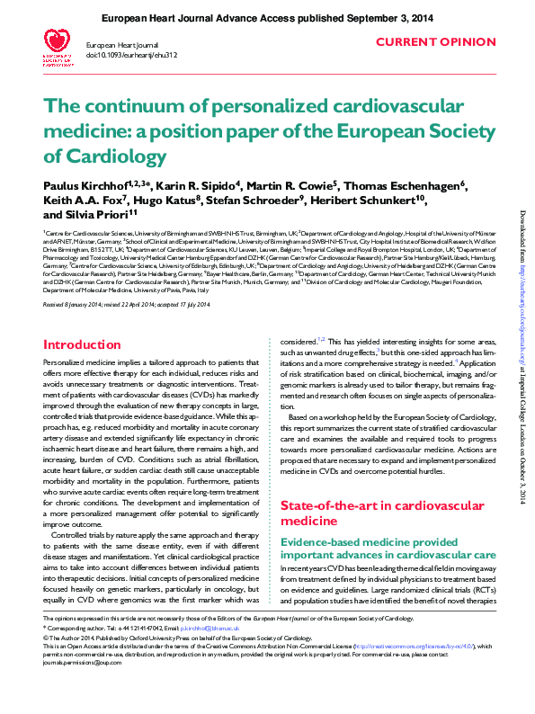 (PDF) The continuum of personalized cardiovascular medicine: a position ...