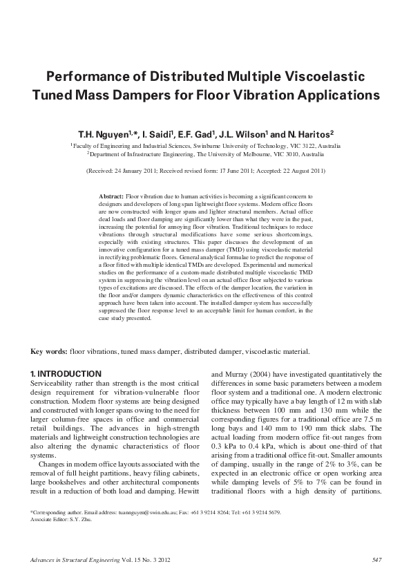 (PDF) Performance of Distributed Multiple Viscoelastic Tuned Mass Dampers for Floor Vibration ...