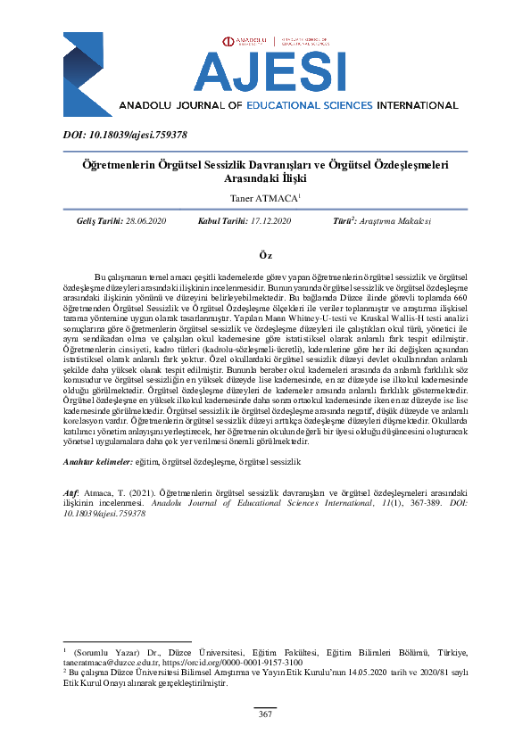 (PDF) Relationship Between Teachers' Organizational Silence Behaviors and Organizational ...
