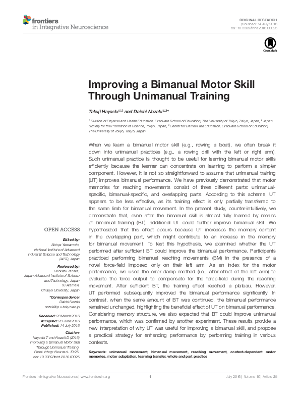 (PDF) Improving a Bimanual Motor Skill Through Unimanual Training