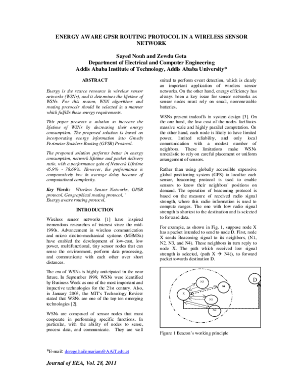 Pdf Energy Aware Gpsr Routing Protocol In A Wireless Sensor Network