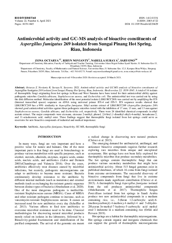 Pdf Antimicrobial Activity And Gc Ms Analysis Of Bioactive